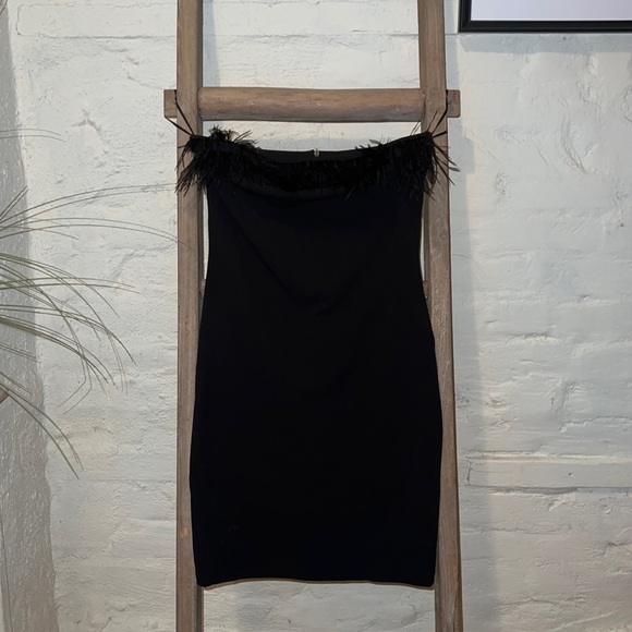 Dresses | Staples Black Mini Dress With Feathered Neckline | Poshmark